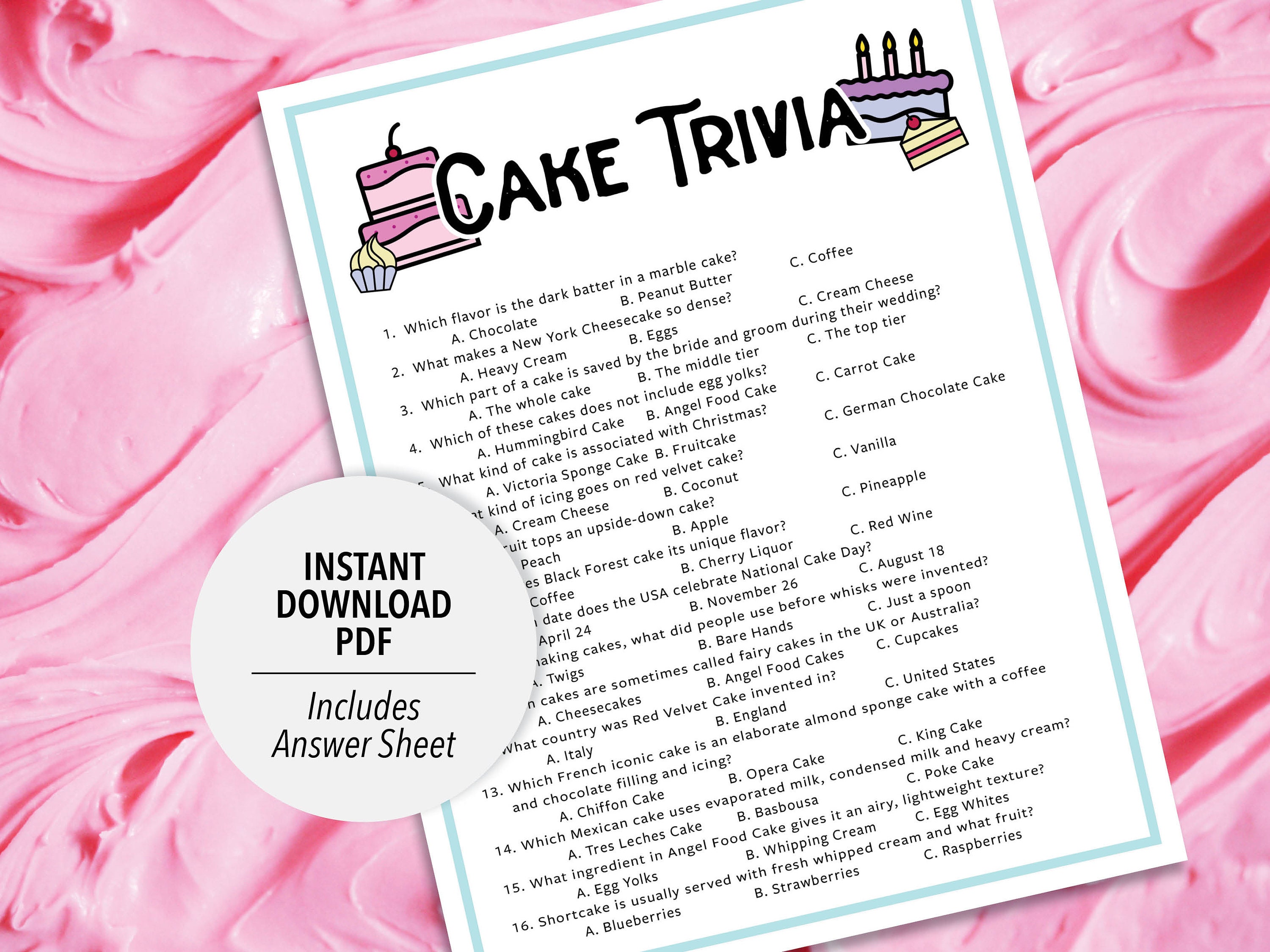 Cake Trivia | Cake Trivia Game | Printable Cake Trivia | Printable ...