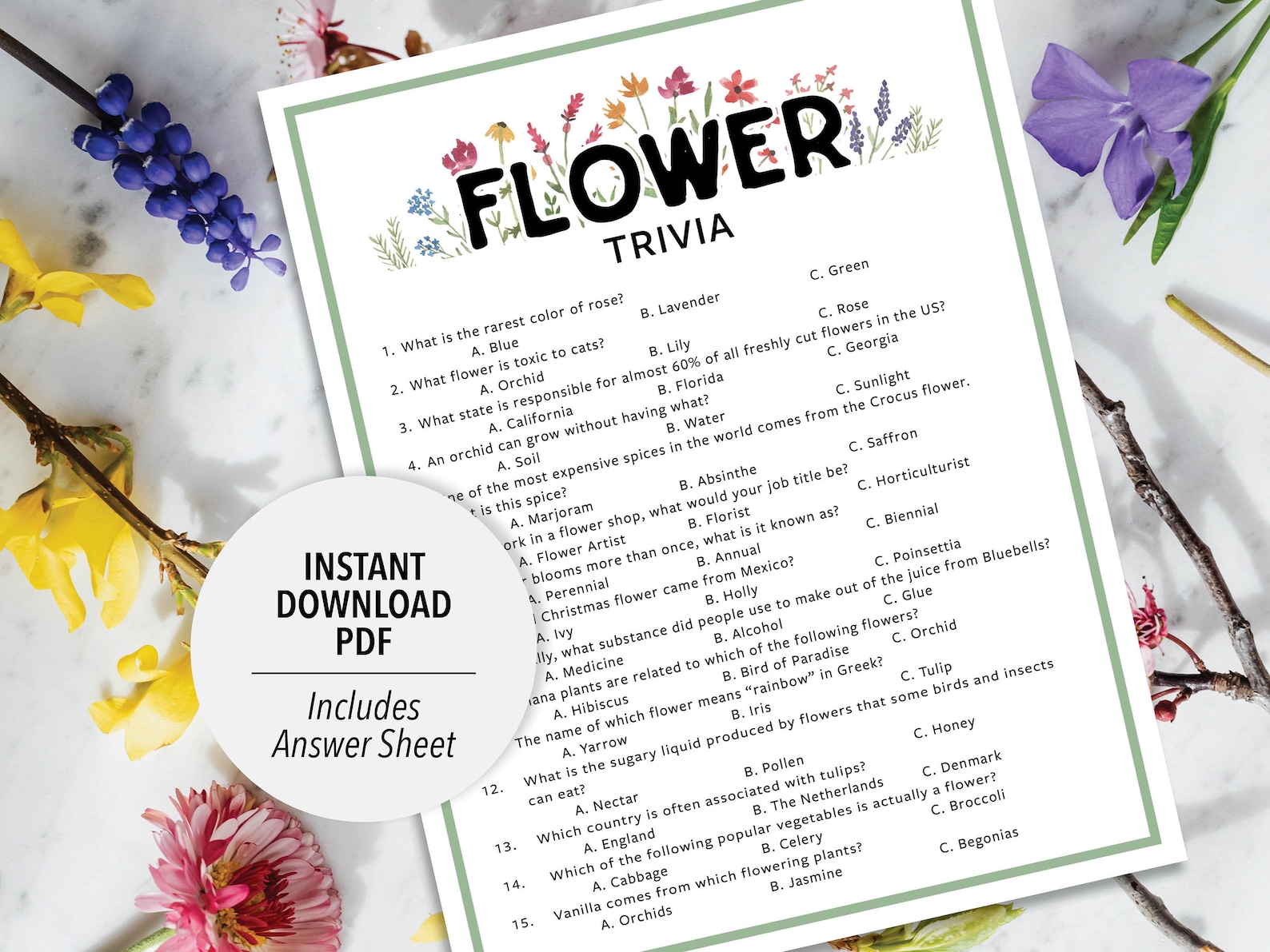Flower Trivia | Flower Trivia Game | Printable Flower Trivia | Flower ...