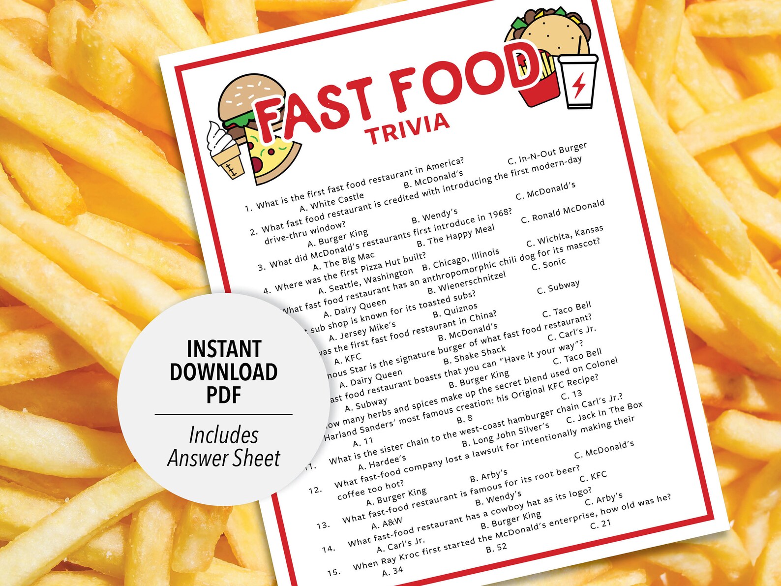 Fast Food Trivia | Fast Food Trivia Game | Printable Fast Food Trivia ...