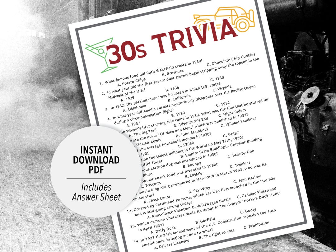 30s Trivia | 1930s Trivia Game | Printable 30s Trivia | 30's Party ...