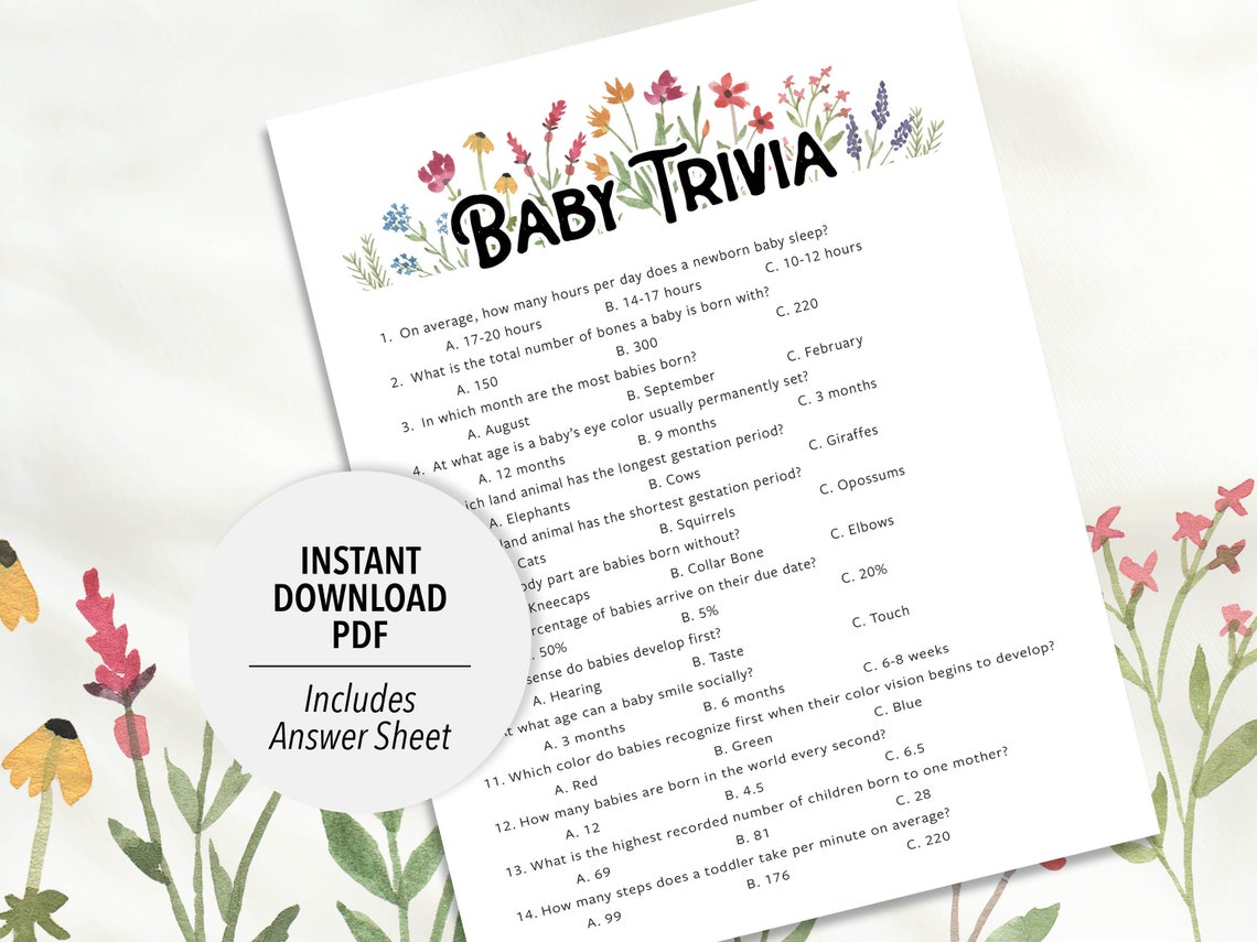 Baby Trivia | Printable Floral Baby Trivia Game | Baby Shower Game ...