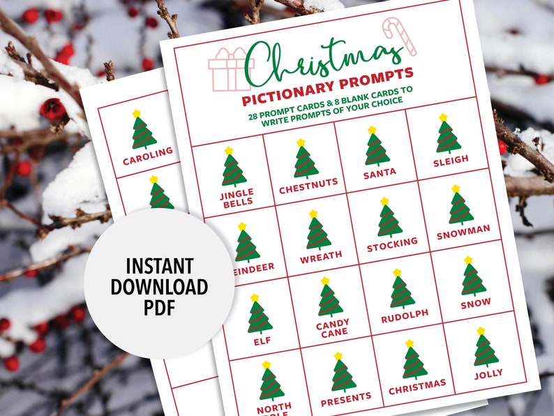 Christmas Pictionary Prompts Christmas Printable Activity Game ...