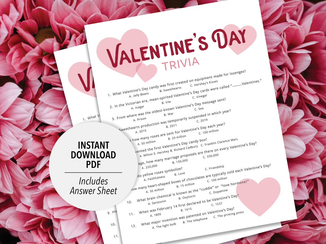 Valentine's Day Trivia Printable Valentine's Trivia Game Valentine's ...