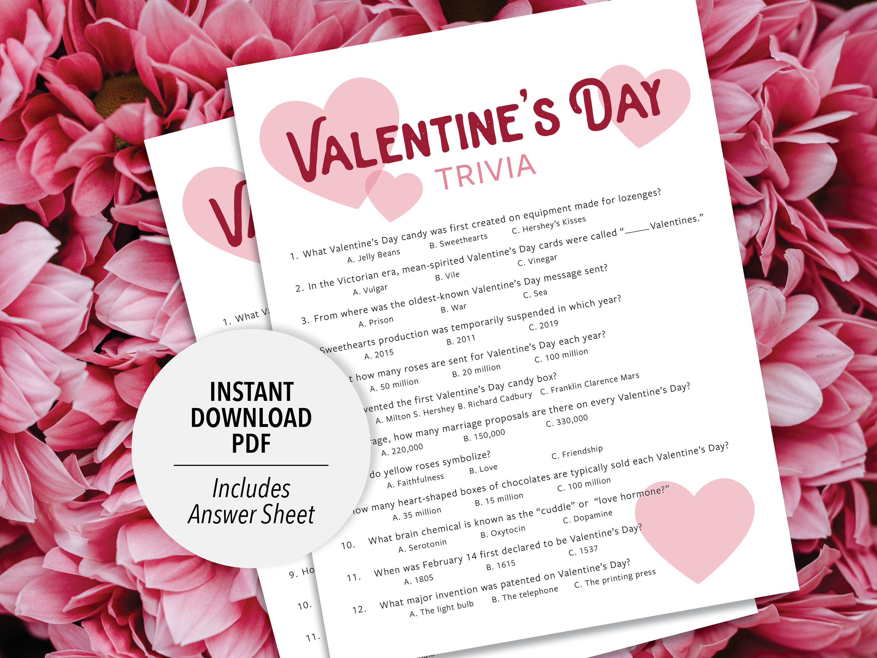 Valentine's Day Trivia Printable Valentine's Trivia Game Valentine's ...
