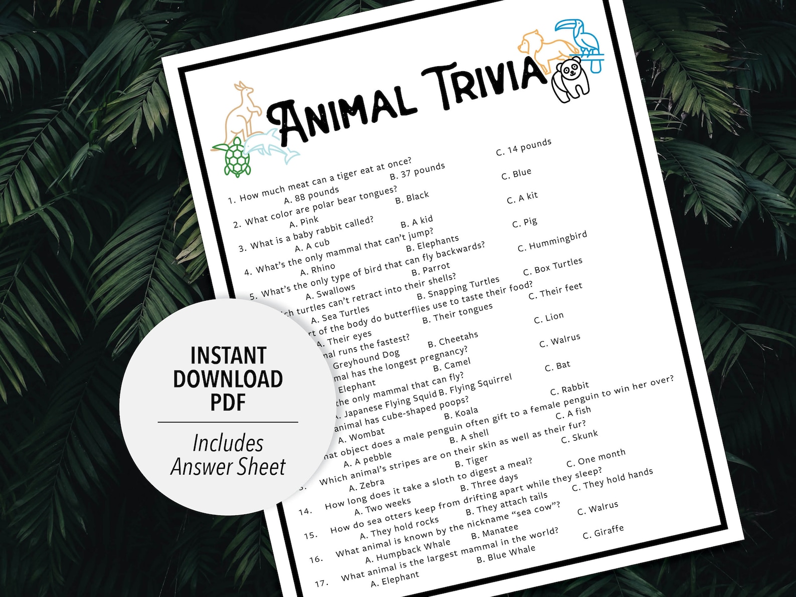 Animal Trivia Game | Printable Animal Quiz (PDF Download) - Etsy