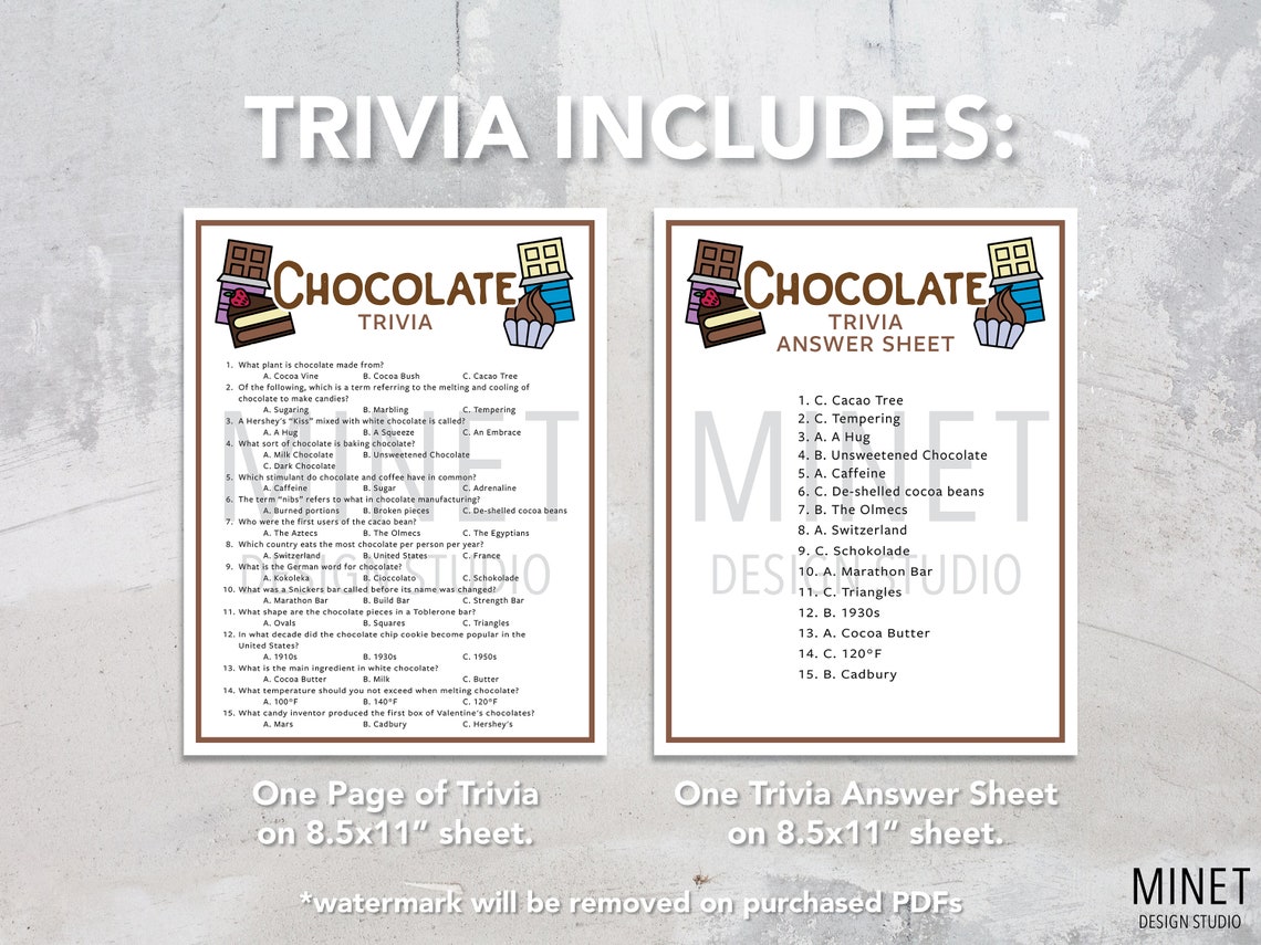 Chocolate Trivia Game | Chocolate Quiz (printable PDF Download) - Etsy