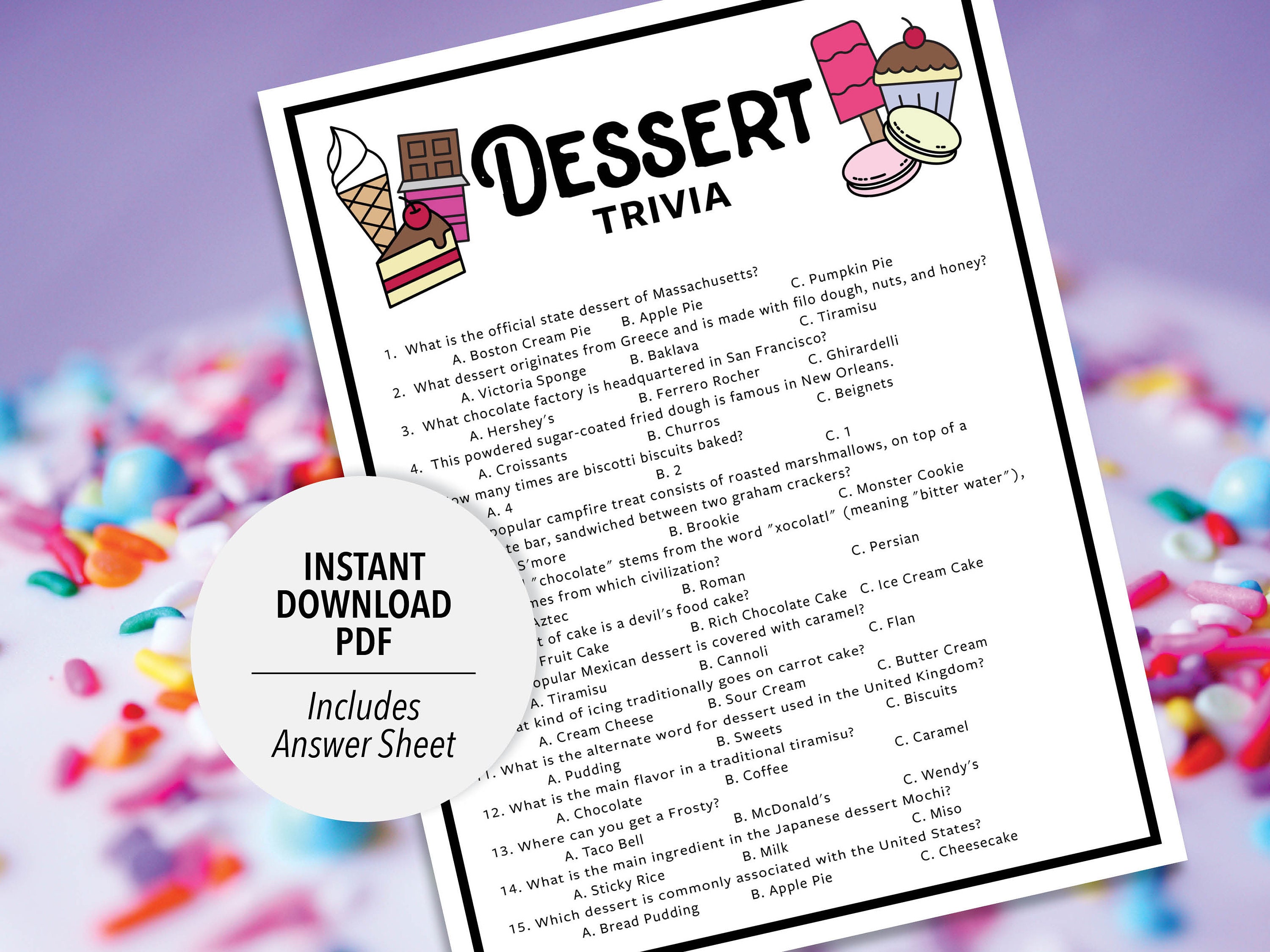 Dessert Trivia Dessert Trivia Game Printable Dessert Trivia Dessert ...