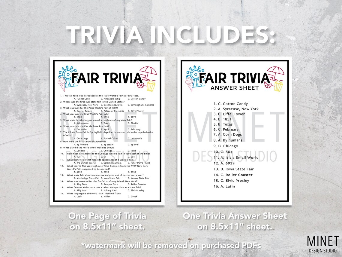 Fair Trivia Game | Printable Carnival, State Fair Quiz (PDF Download ...