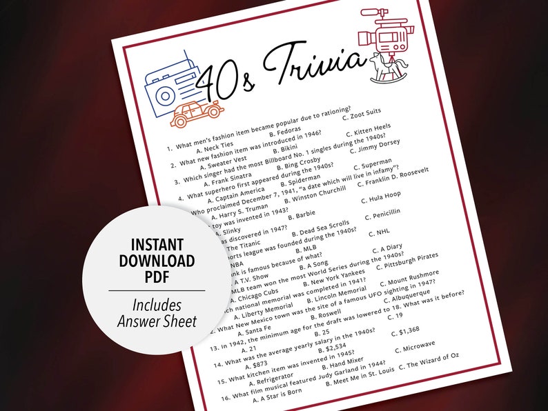 40s Trivia | 1940s Trivia Game | Printable 40s Trivia | 40's Party ...