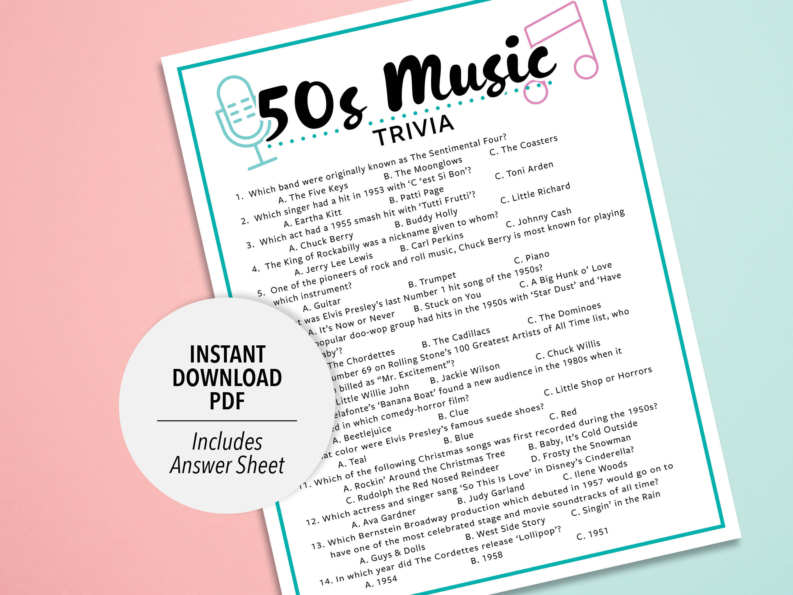 1950s Music Trivia Game | 50s Music Quiz (printable PDF Download) - Etsy