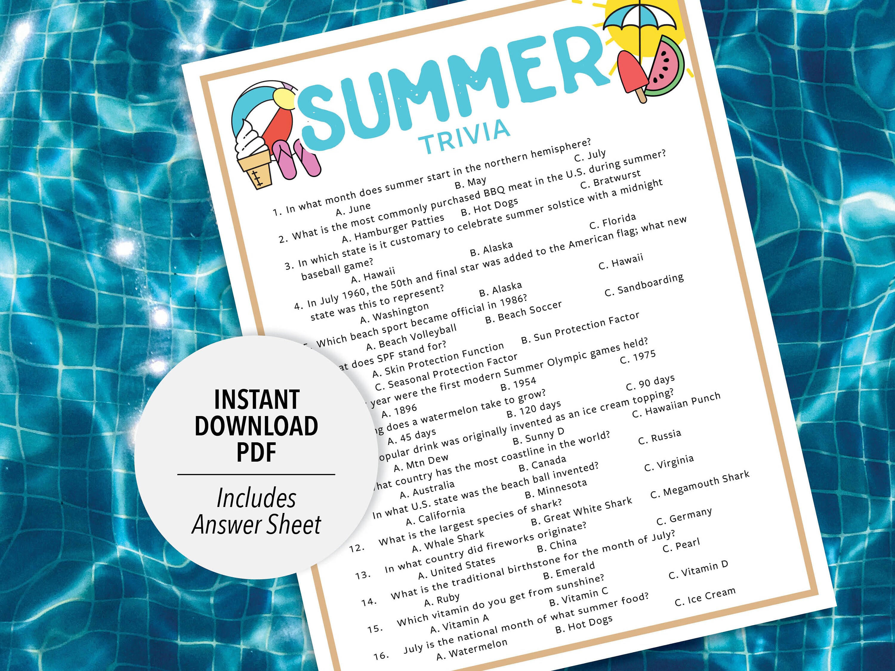 Summer Trivia | Printable Summer Trivia Activity Game | Summertime ...