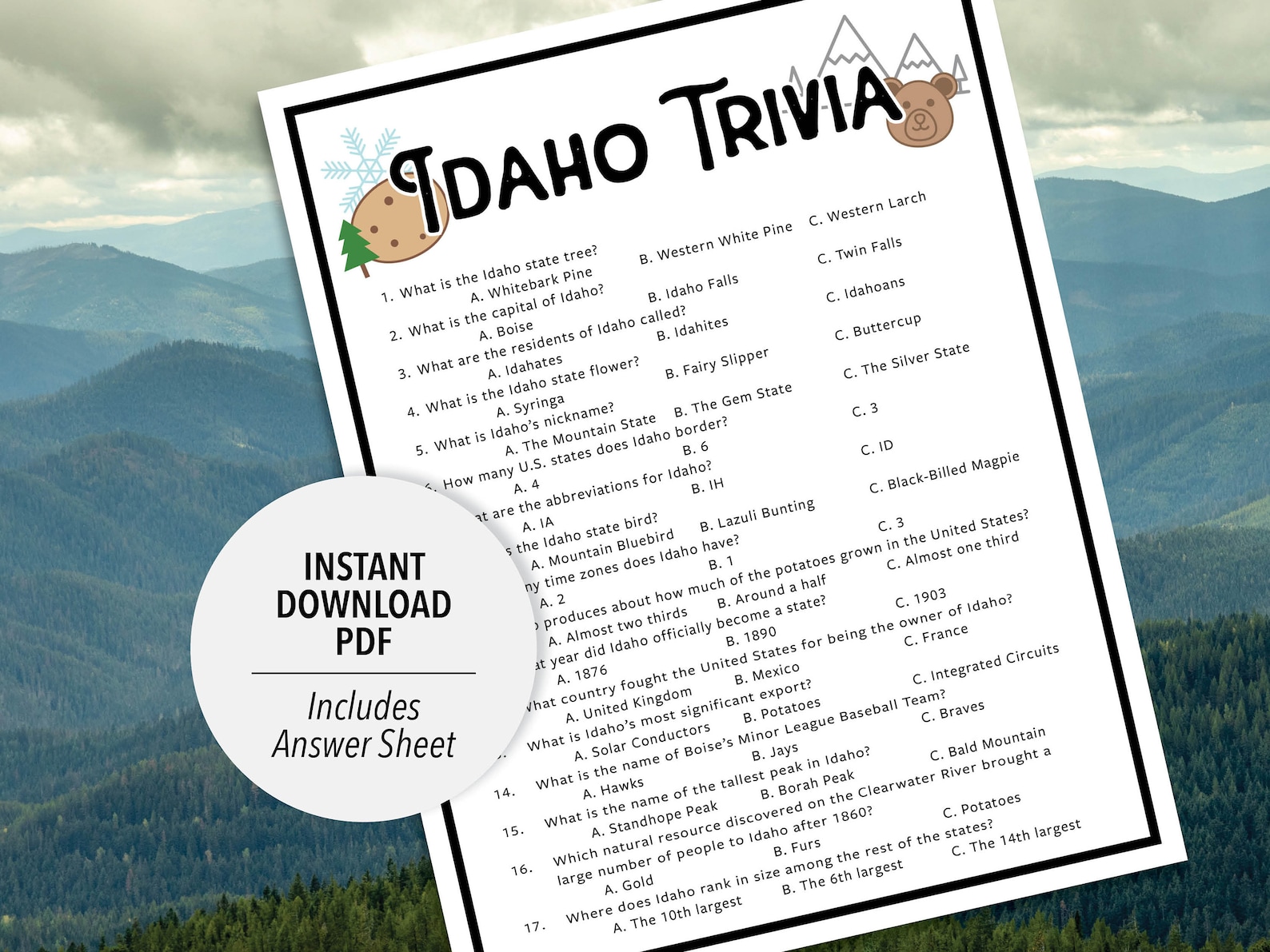 Idaho Trivia | Idaho Trivia Game | Printable Idaho Trivia | Idaho Party ...