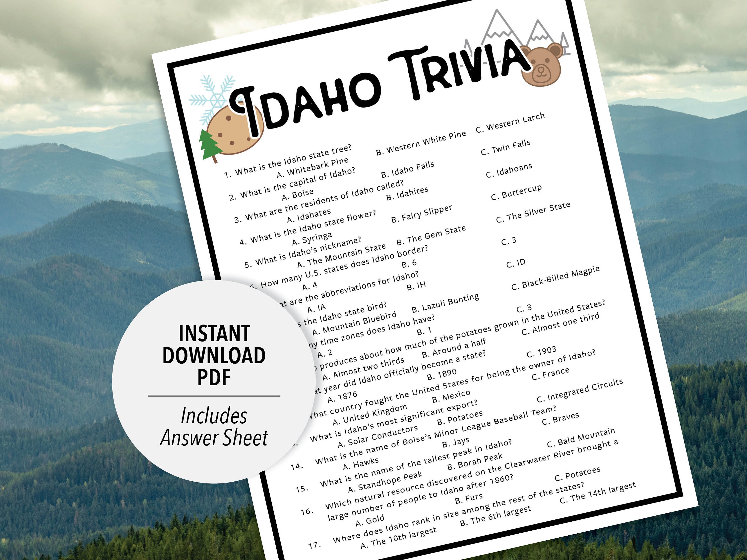 Idaho Trivia Idaho Trivia Game Printable Idaho Trivia Idaho Party ...