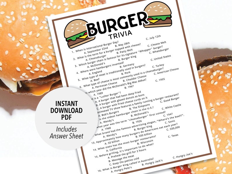 Burger Trivia | Hamburger Trivia Game | Printable Burger Trivia ...