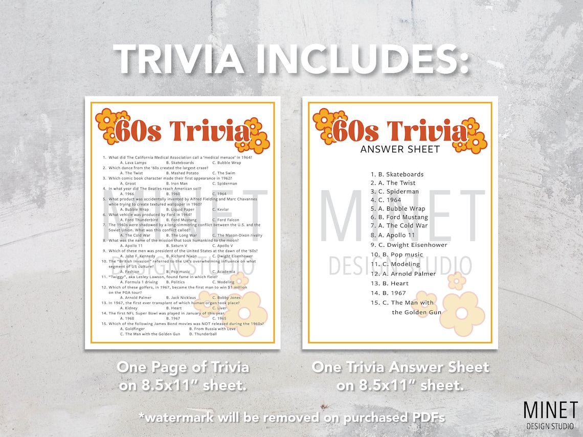 60s Trivia | 1960s Trivia Game | Printable 60s Trivia | 60's Party ...