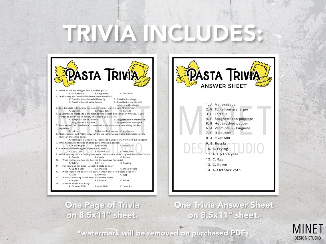 Pasta Trivia | Pasta Trivia Game | Printable Pasta Trivia | Pasta Party ...