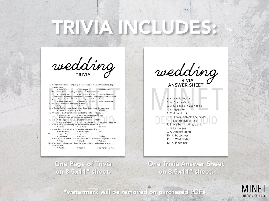 Wedding Trivia Quiz Game | Printable Wedding Trivia | Bridal Shower ...