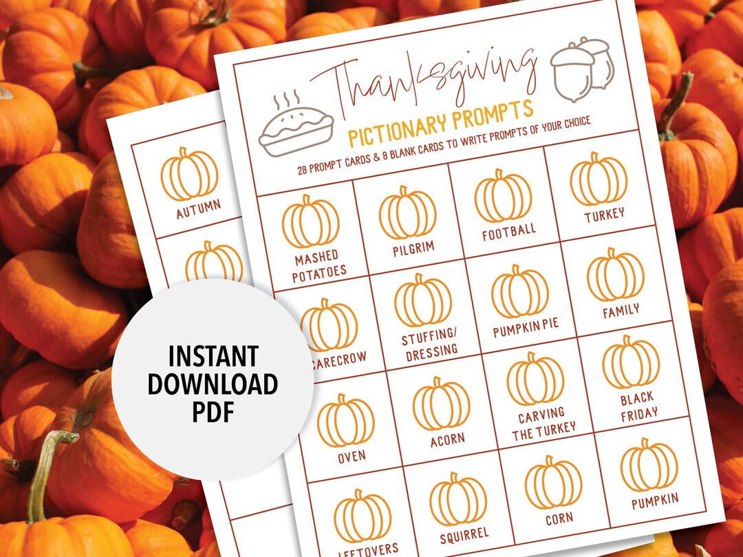 Thanksgiving Pictionary Prompts | Thanksgiving Printable Game | Holiday ...