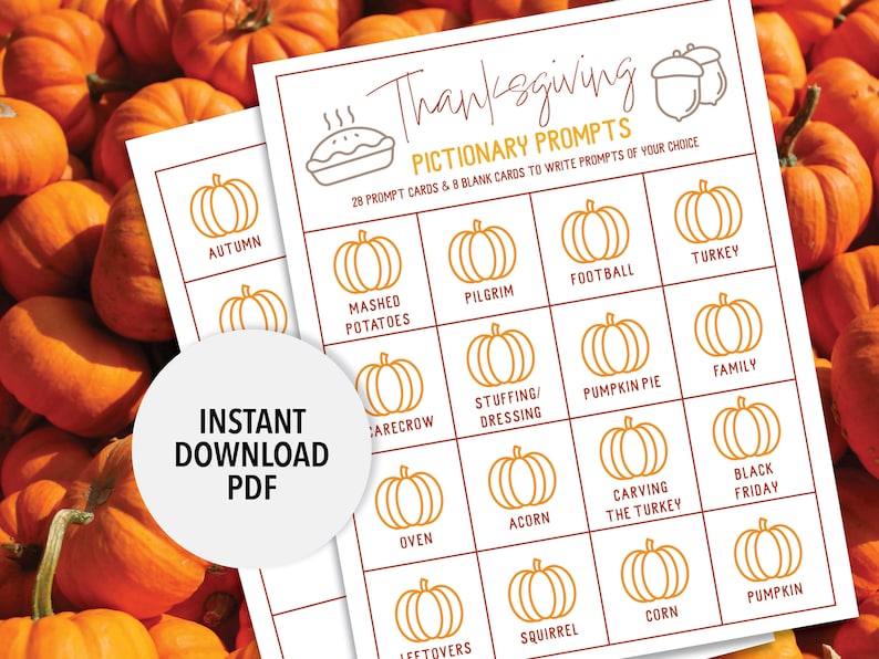 Thanksgiving Pictionary Prompts | Thanksgiving Printable Game | Holiday ...
