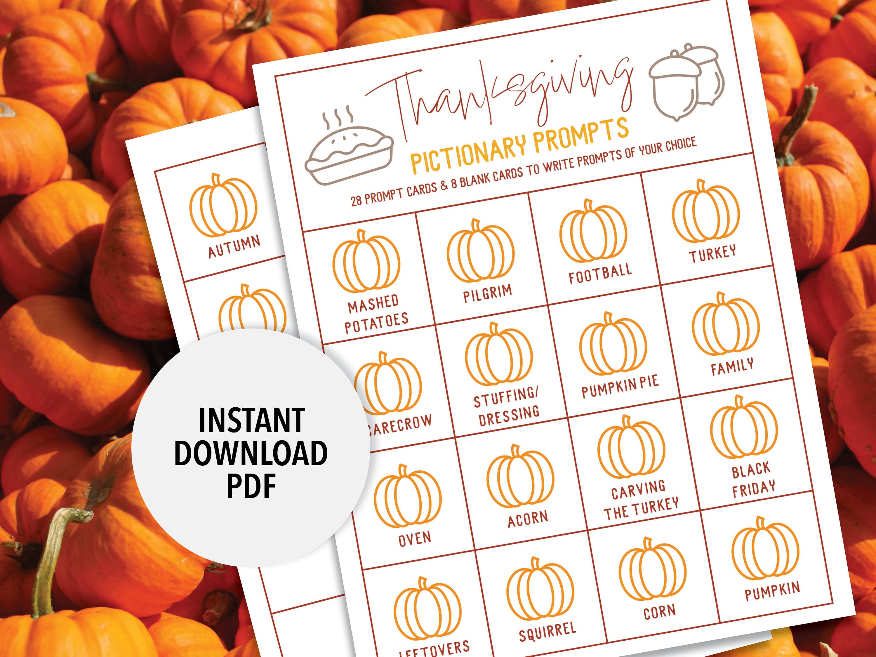 Thanksgiving Pictionary Prompts | Thanksgiving Printable Game | Holiday ...