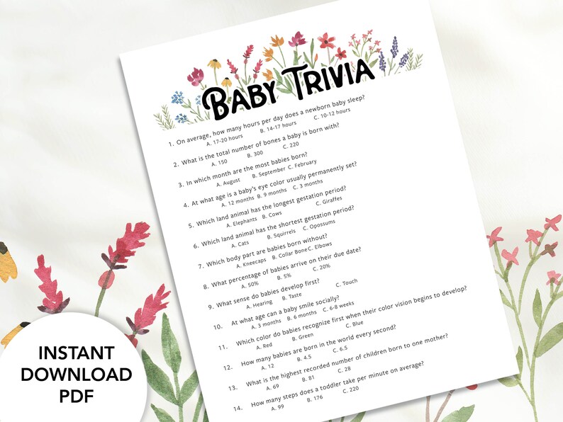 Baby Trivia Printable Floral Baby Trivia Game Baby Shower - Etsy