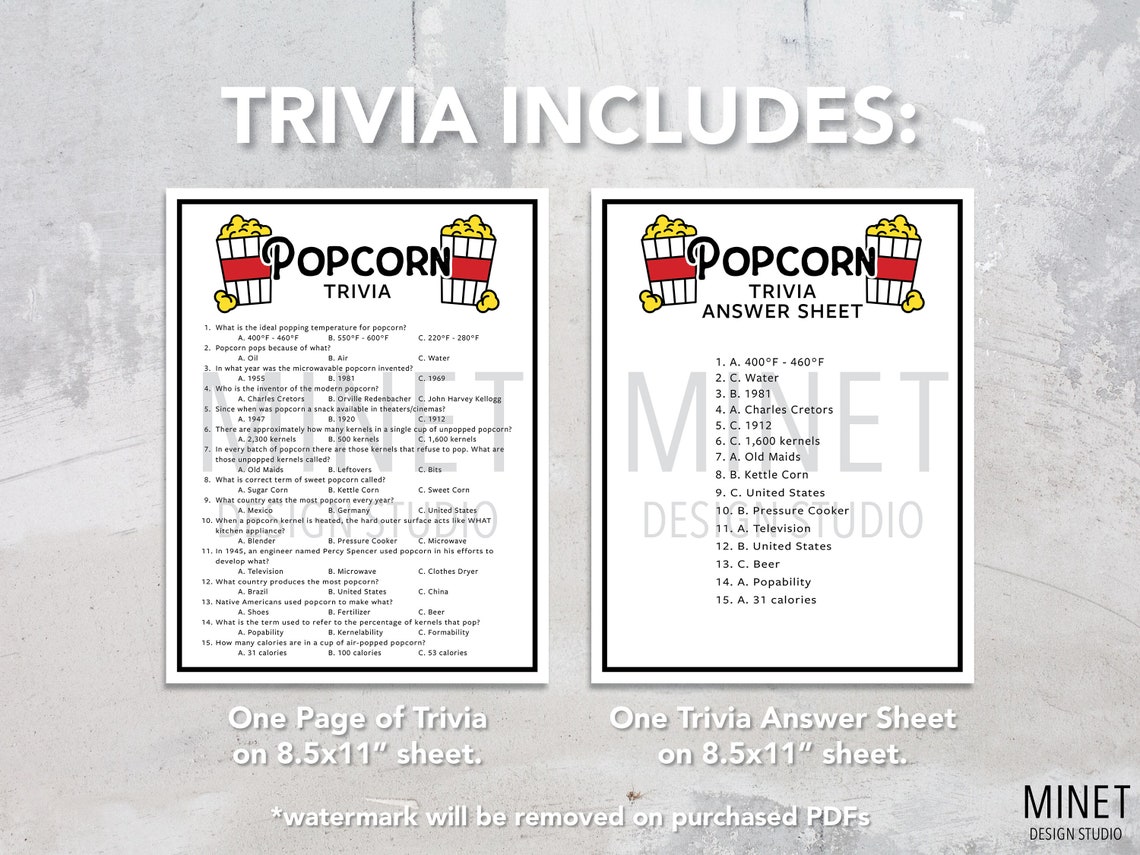 Popcorn Trivia Game | Popcorn Quiz (printable PDF Download) - Etsy