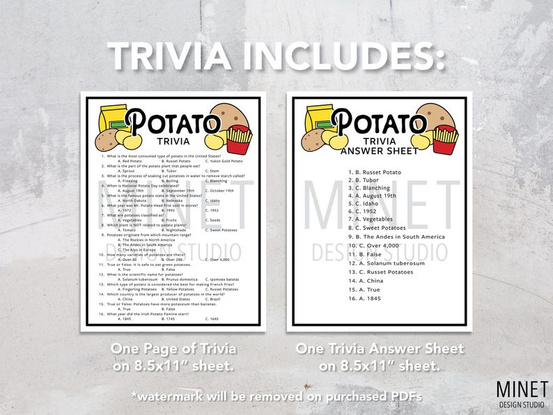 Potato Trivia Game | Vegetable Quiz (printable PDF Download) - Etsy
