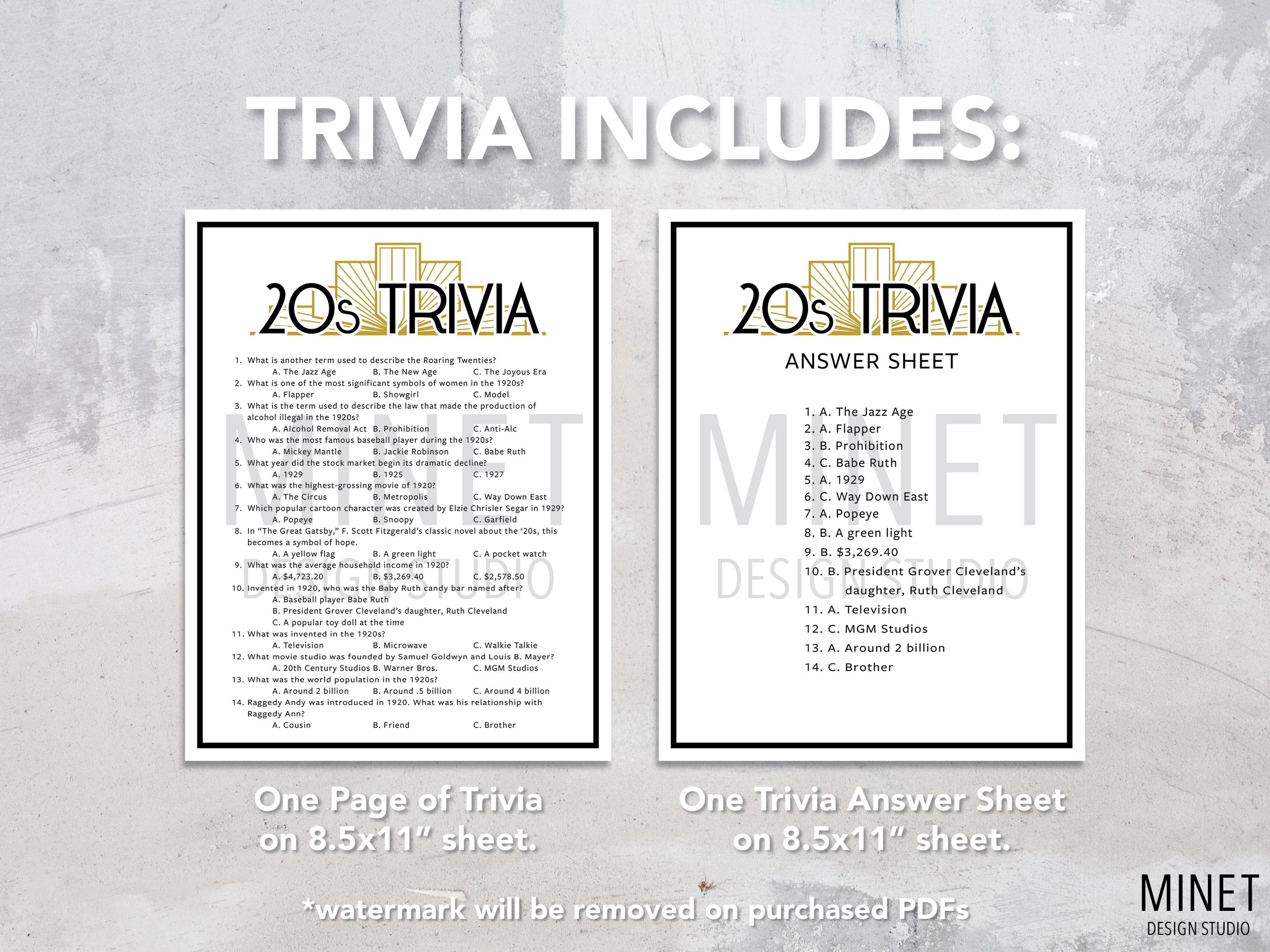 1920s Trivia Game | Roaring Twenties Party (printable PDF Download) - Etsy