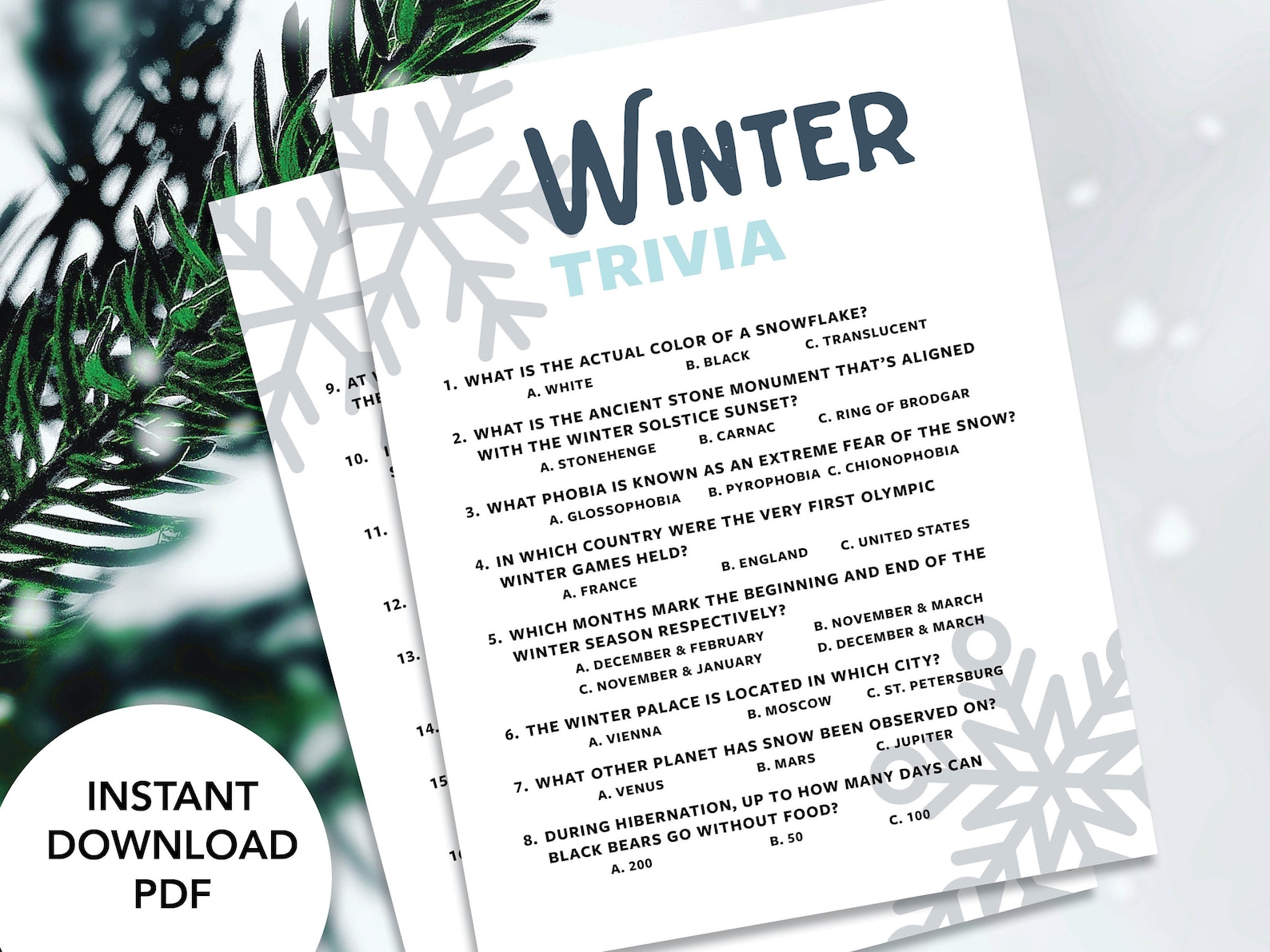Winter Trivia Printable Winter Trivia Activity Game - Etsy
