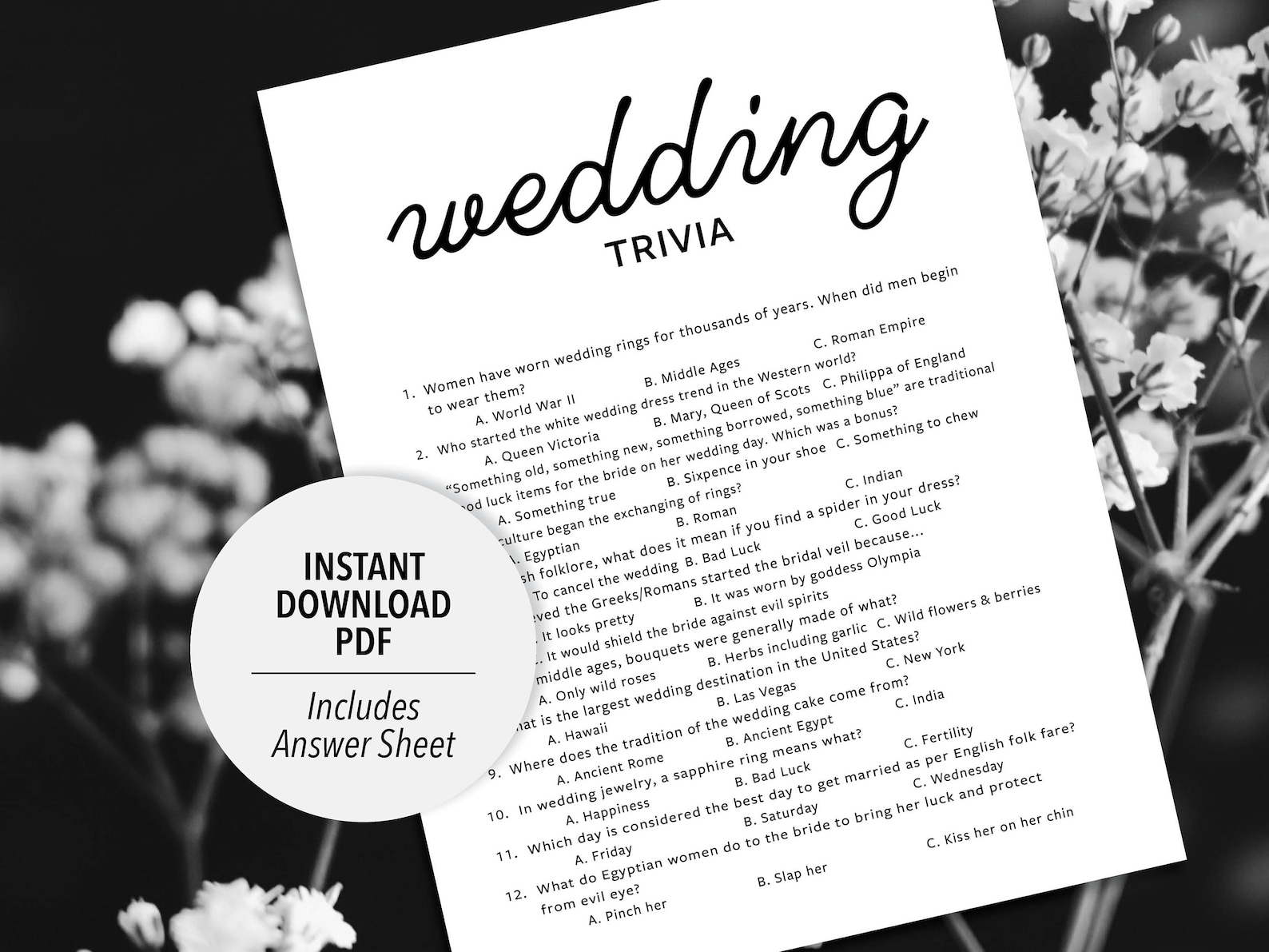 Wedding Trivia Quiz Game Printable Wedding Trivia Bridal Shower Game ...