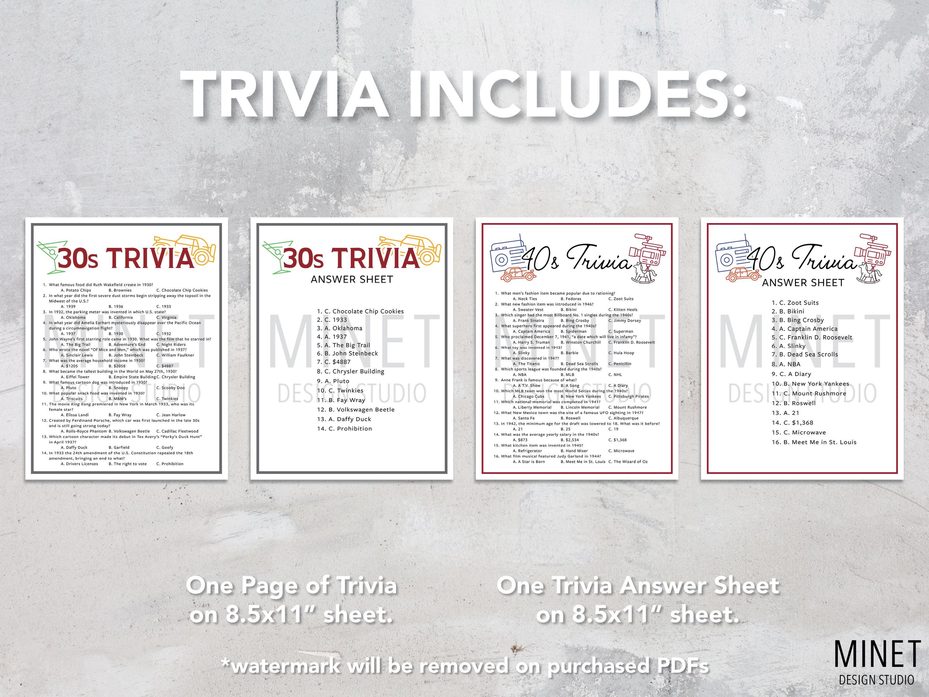 Decades Trivia Bundle | Trivia Bundle | Decades Trivia Game | Printable ...