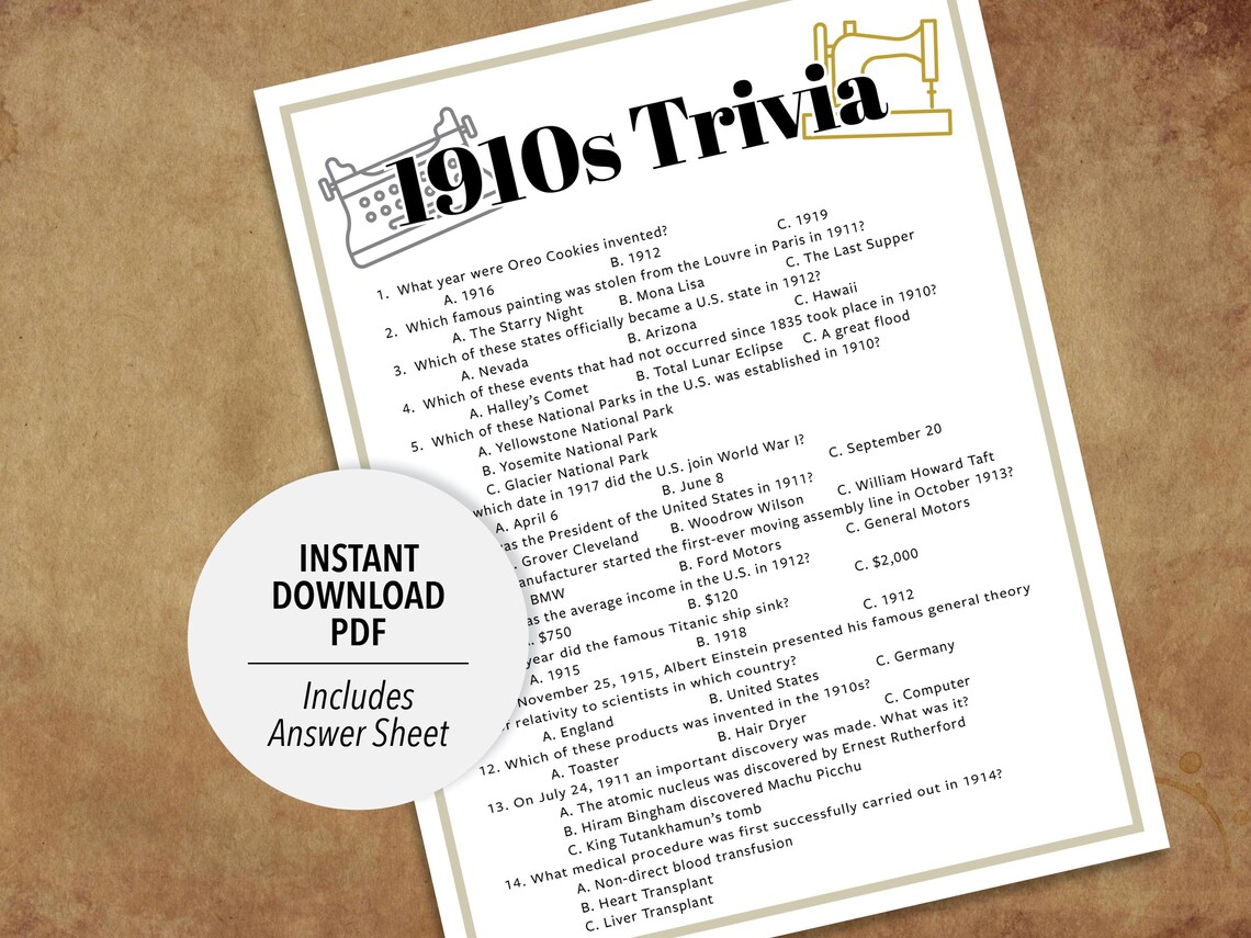 1910s Trivia | 1910s Trivia Game | Printable 1910s Trivia | 10's Party ...