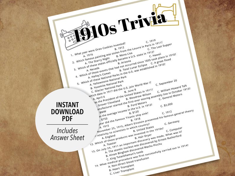 1910s Trivia | 1910s Trivia Game | Printable 1910s Trivia | 10's Party ...
