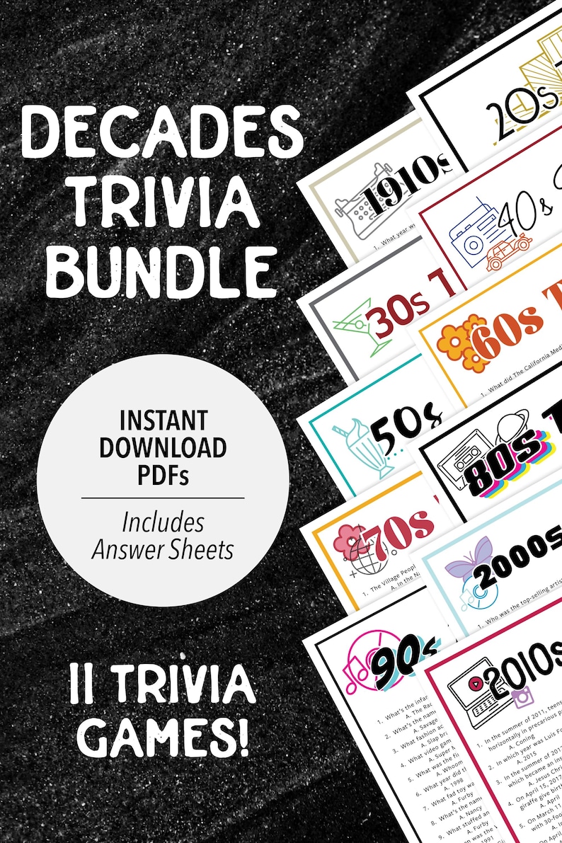 Decades Trivia Game Bundle | 1910s-2010s Trivia (printable PDF Download ...