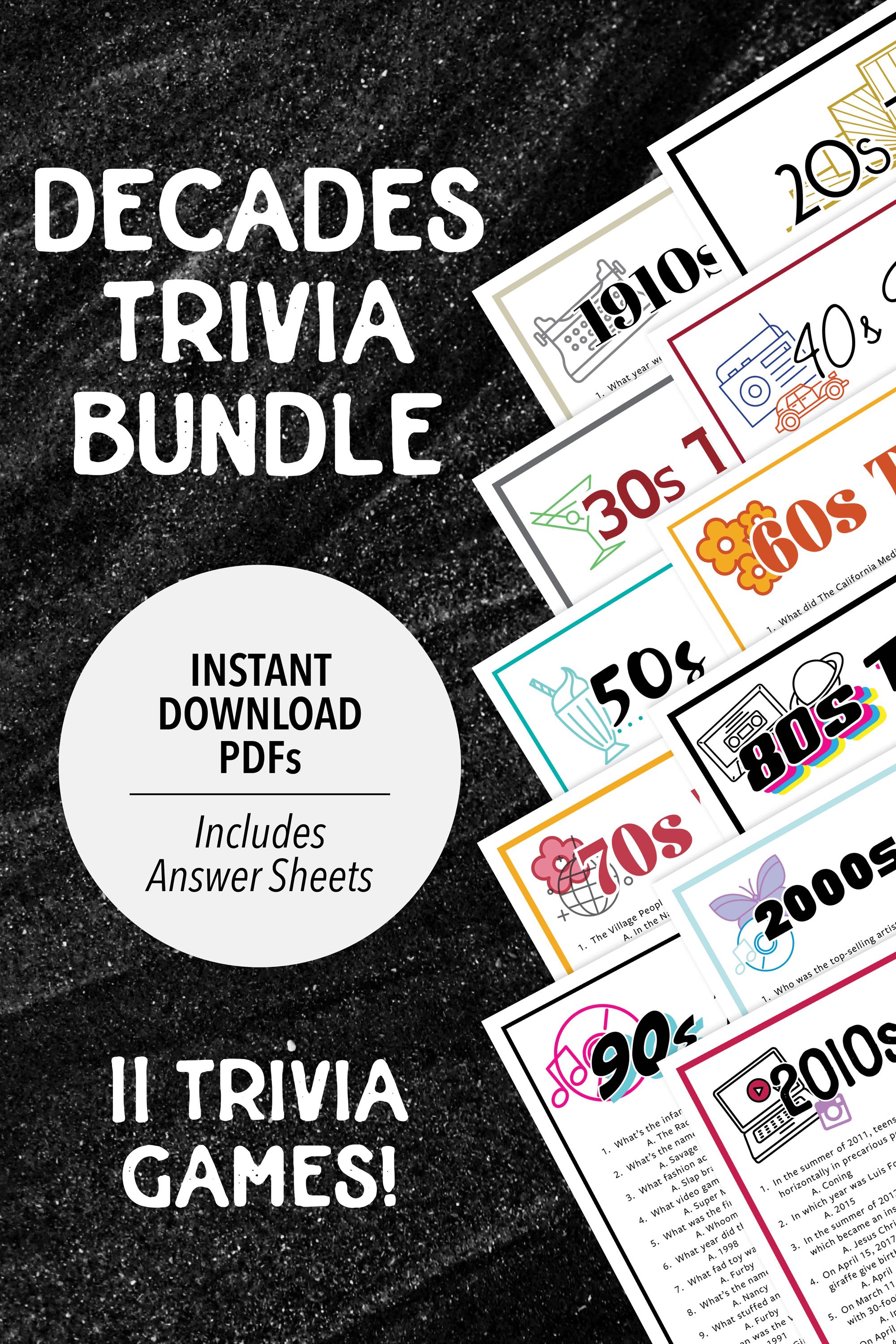 Decades Trivia Game Bundle | 1910s-2010s Trivia (printable PDF Download ...