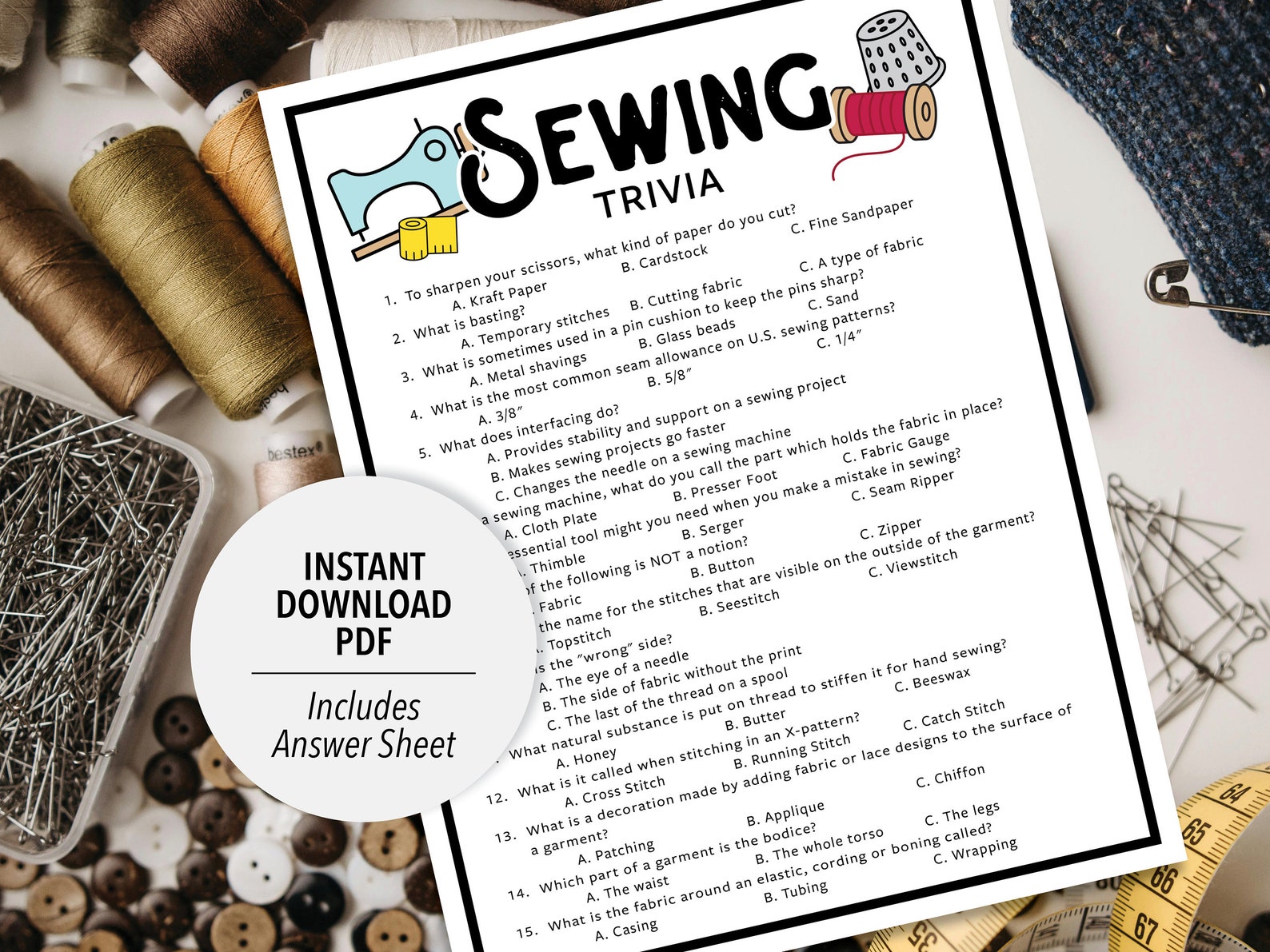 Sewing Trivia | Sewing Trivia Game | Printable Sewing Trivia | Fabric ...