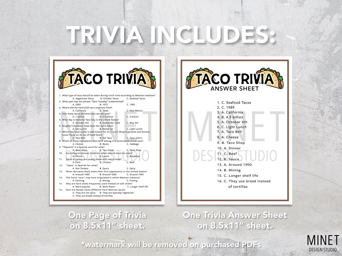Taco Trivia | Taco Trivia Game | Printable Taco Trivia | Printable ...