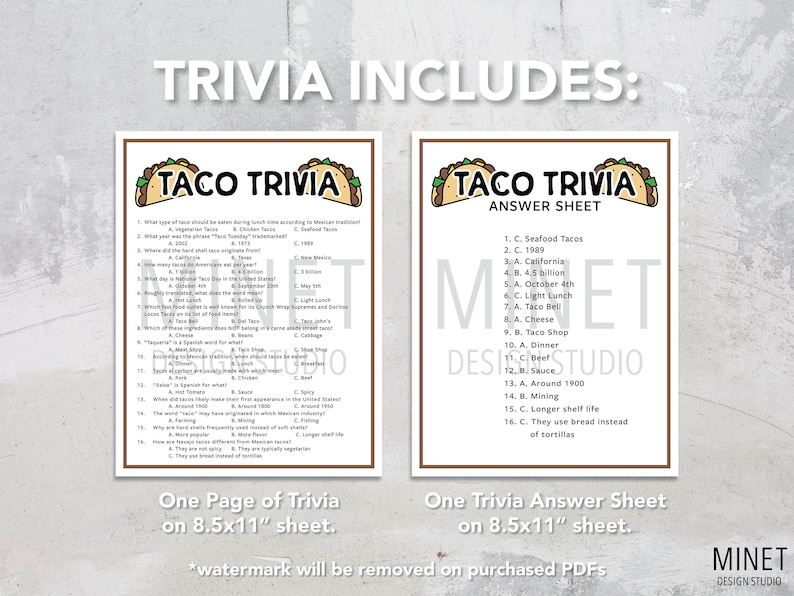Taco Trivia Game | Taco Quiz (printable PDF Download) - Etsy