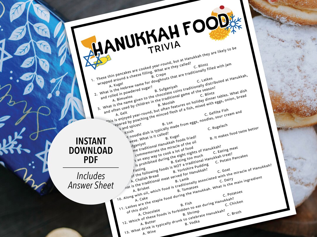 Hanukkah Food Trivia Game | Printable Trivia | Food Trivia Printable ...