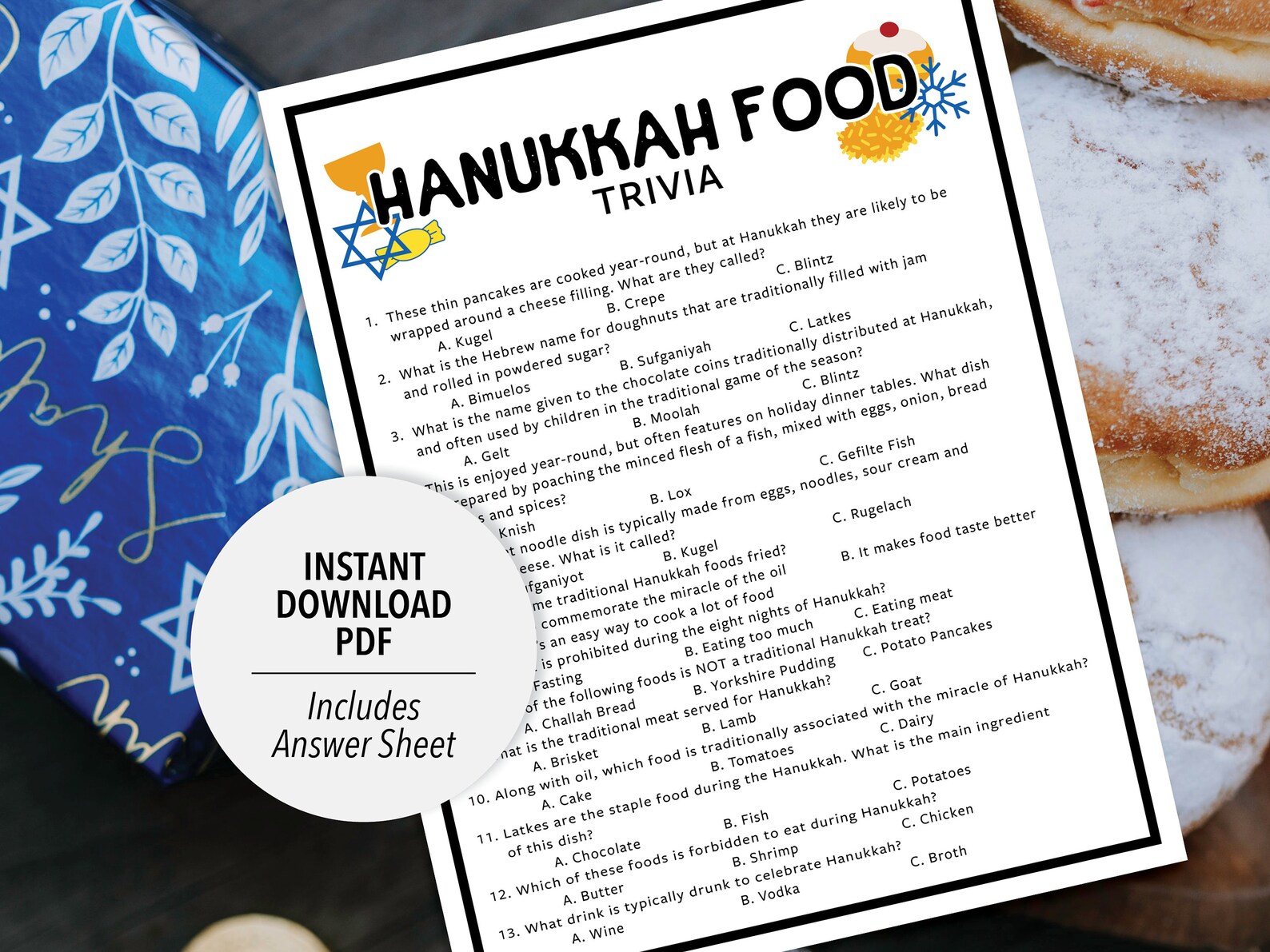 Hanukkah Food Trivia Game | Printable Trivia | Food Trivia Printable ...