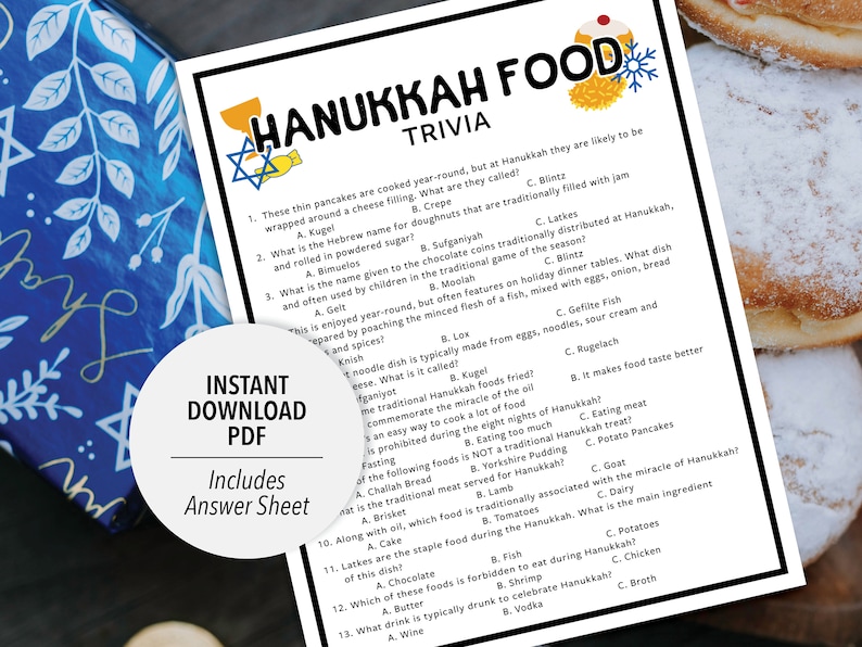 Hanukkah Food Trivia Game | Printable Trivia | Food Trivia Printable ...