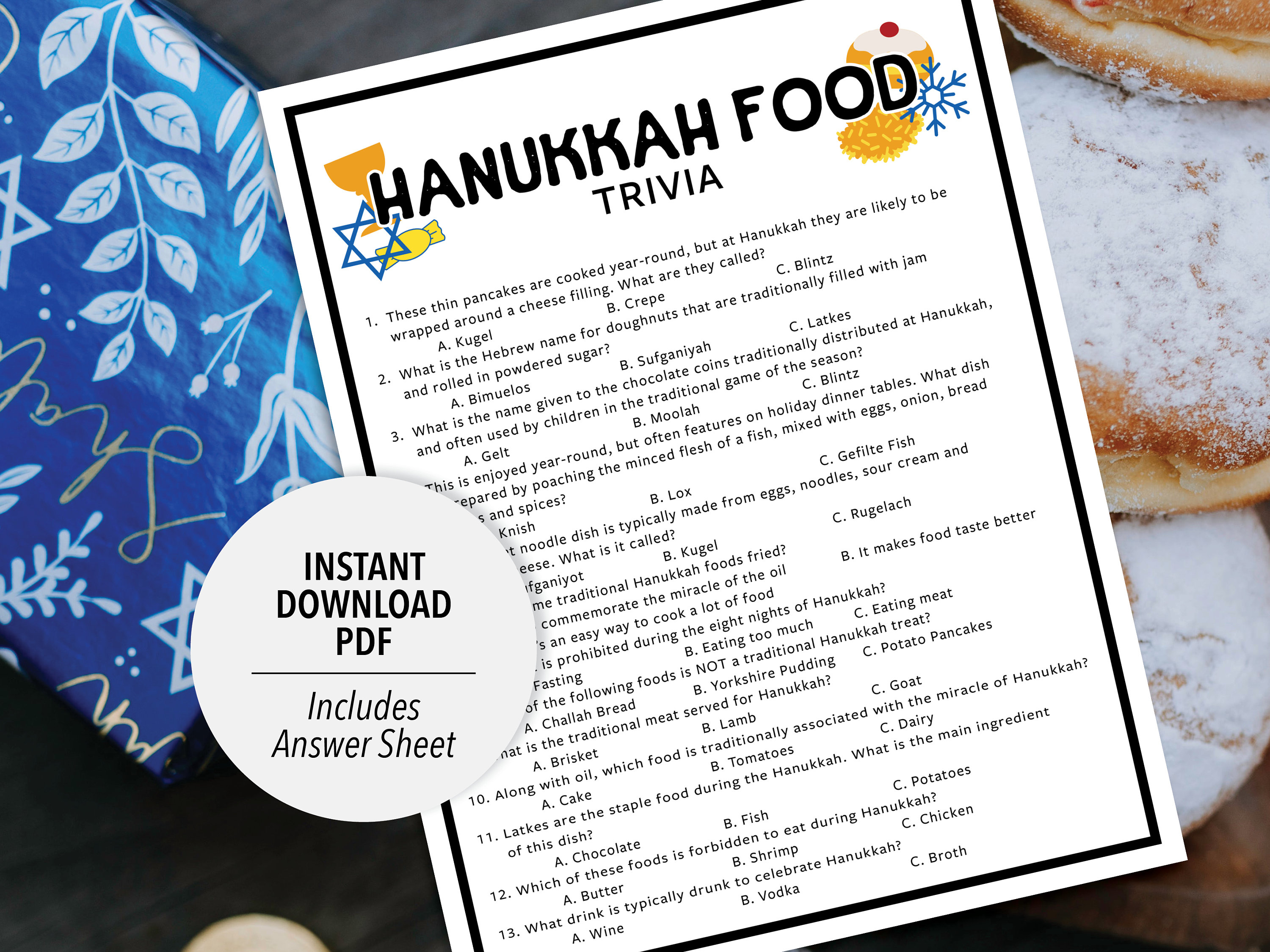Hanukkah Food Trivia Game | Printable Trivia | Food Trivia Printable ...
