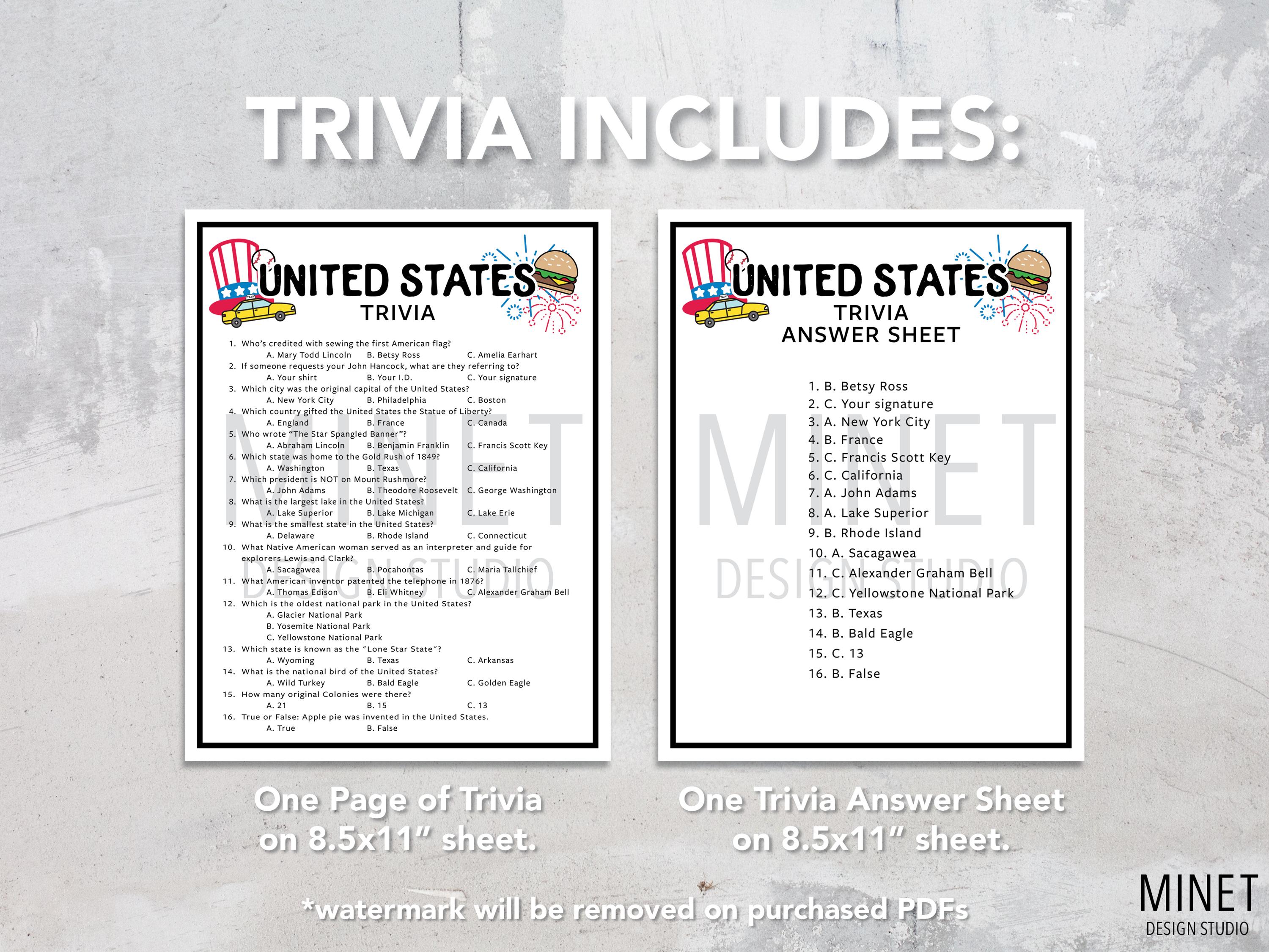 United States Trivia Game | USA Quiz (printable PDF Download) - Etsy
