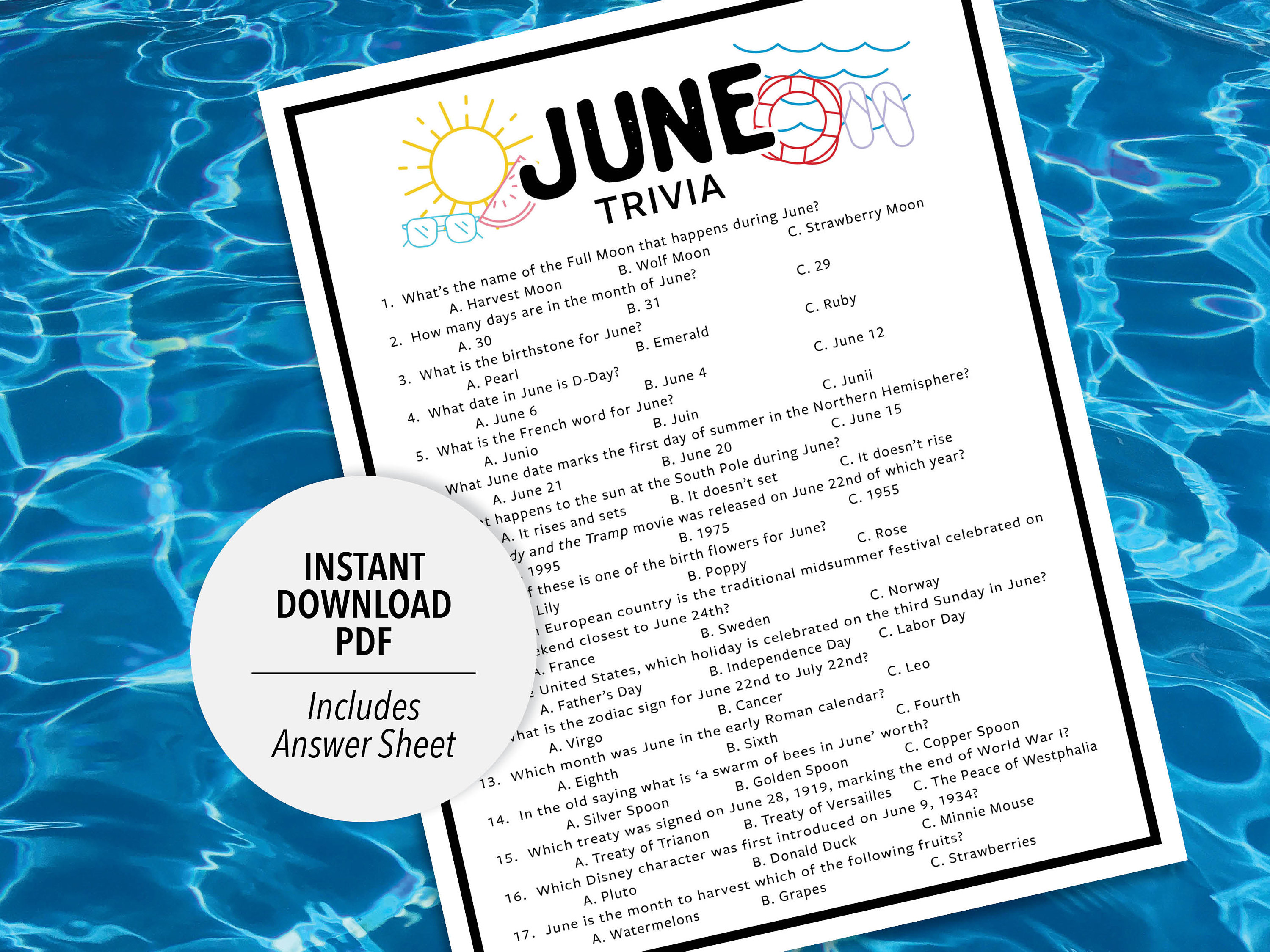 June Trivia | June Trivia Game | Printable June Trivia | Month Trivia ...