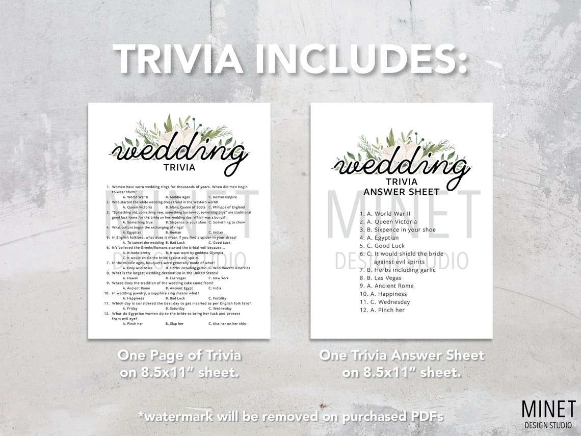 Wedding Trivia Quiz Game | Printable Wedding Trivia | Bridal Shower ...