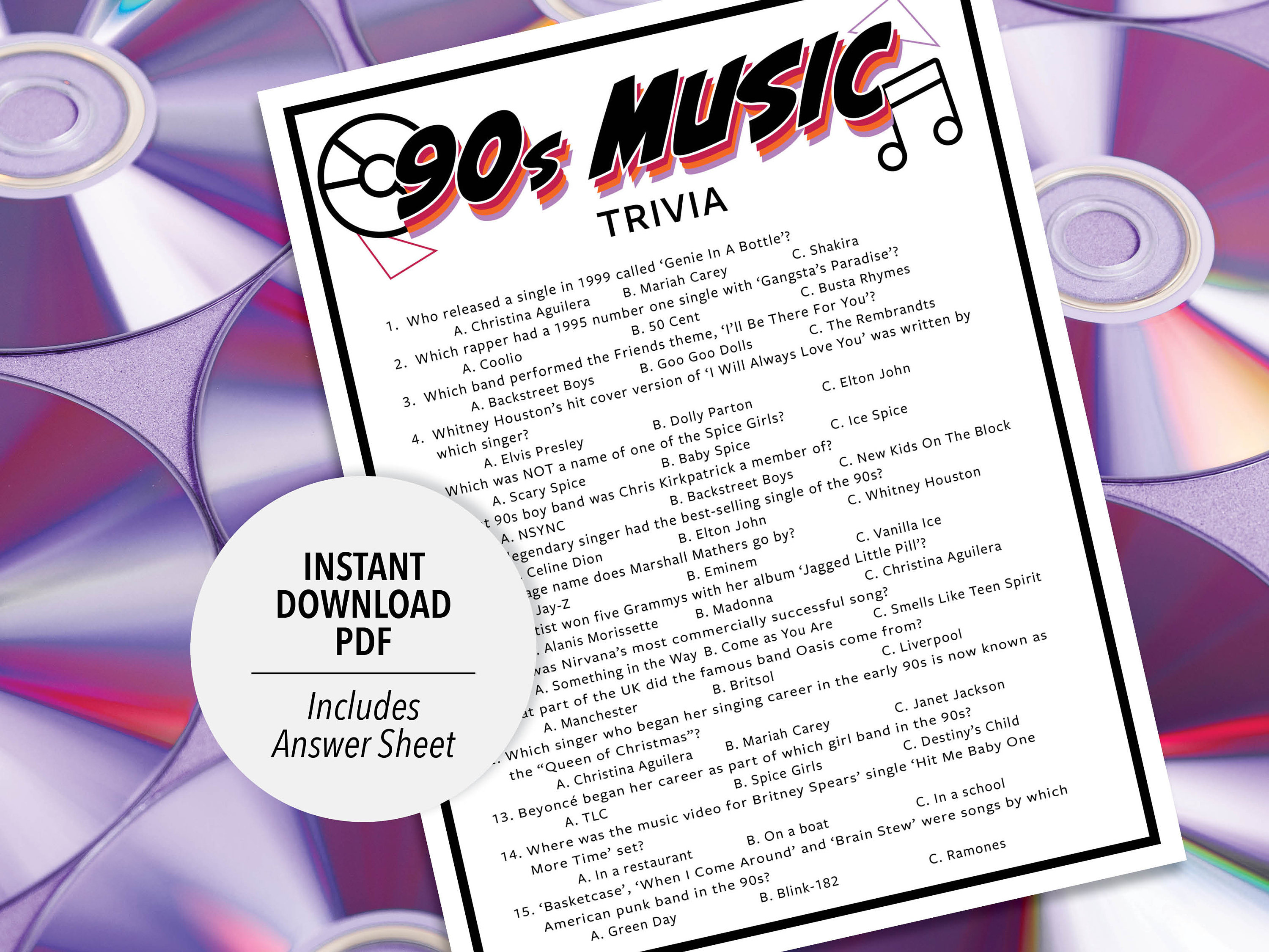 90s Music Trivia | 90s Music Trivia Game | Printable Music Trivia ...