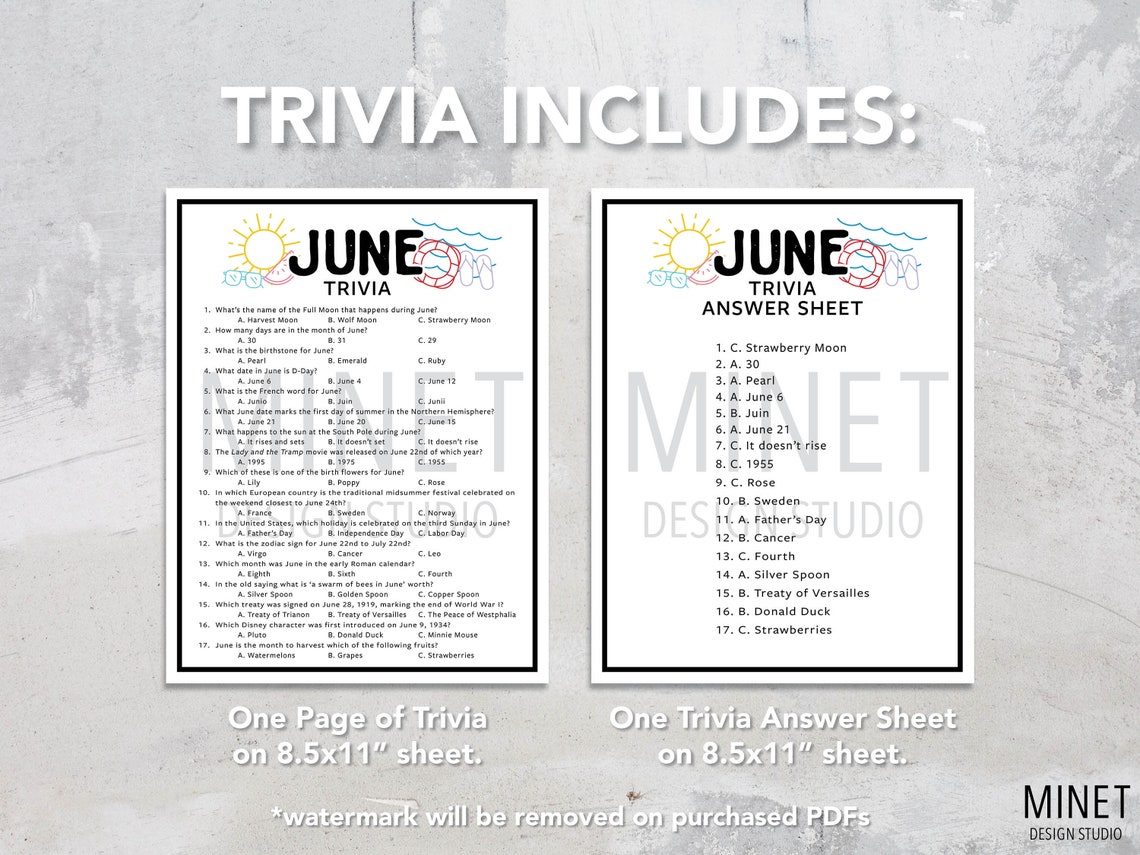 June Trivia | June Trivia Game | Printable June Trivia | Month Trivia ...