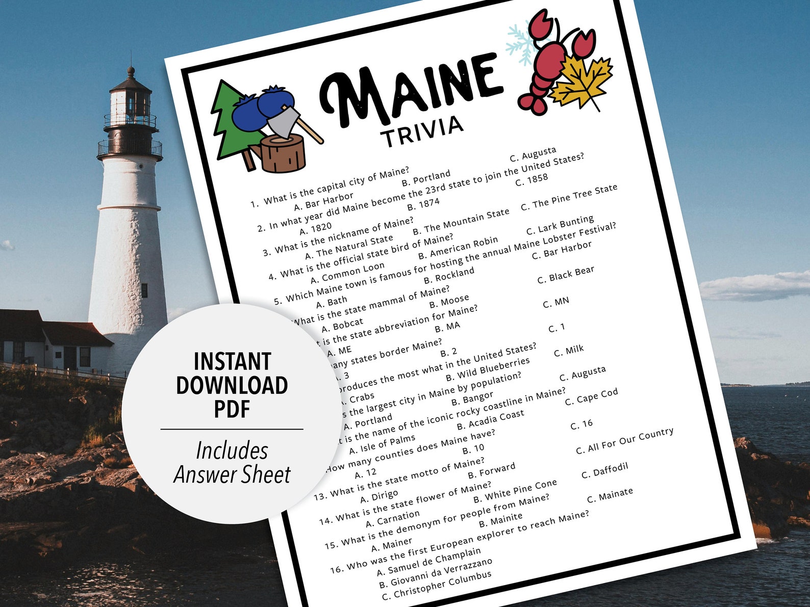 Maine Trivia Maine Trivia Game Printable Maine Trivia State Trivia Game ...
