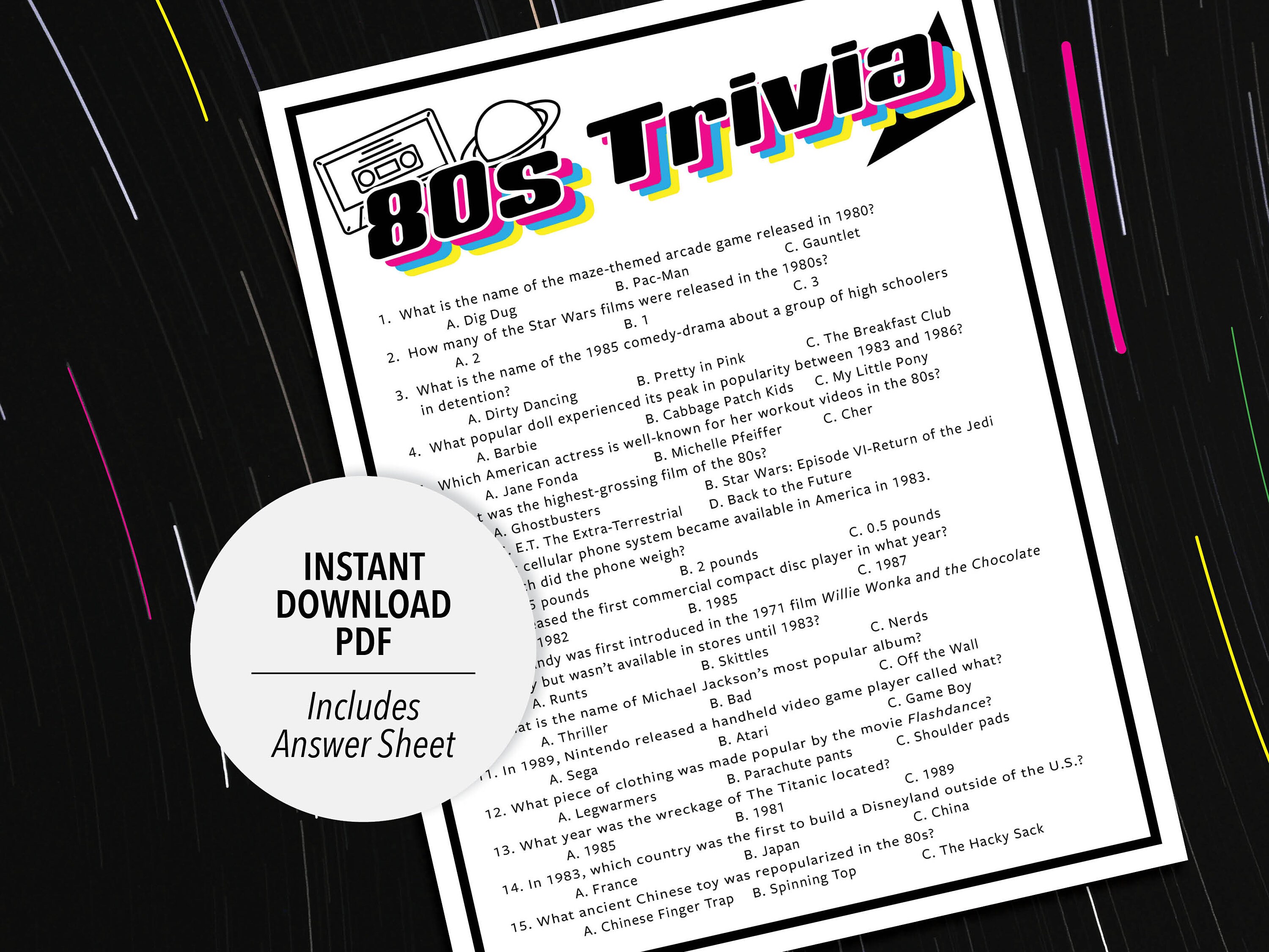 80s Trivia | Printable 80s Trivia | 80's Party Trivia Game | Printable ...