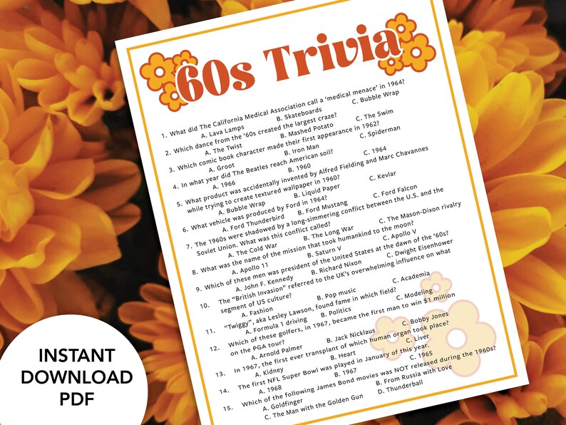 60s Trivia 1960s Trivia Game Printable 60s Trivia - Etsy UK